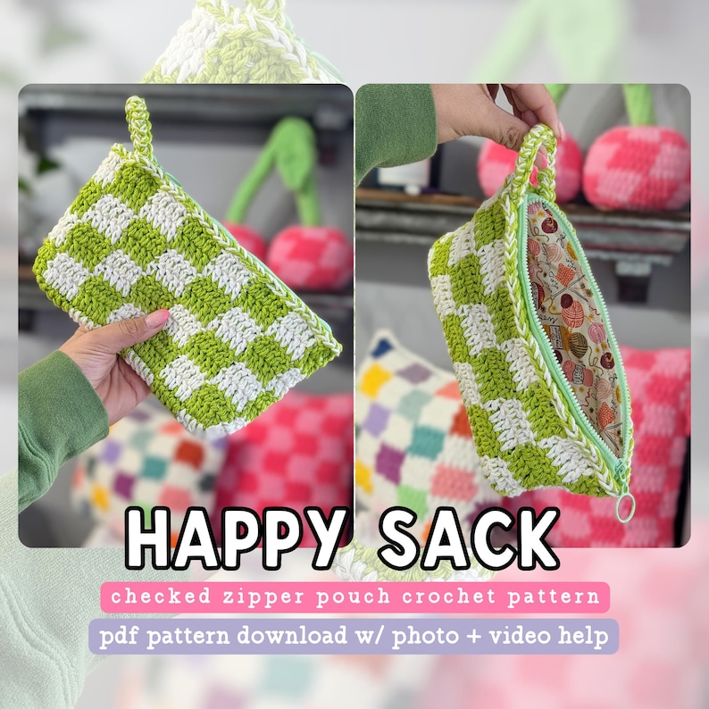 Happy Sack Checkered Zipper Pouch Crochet Pattern | Premade Liner ...
