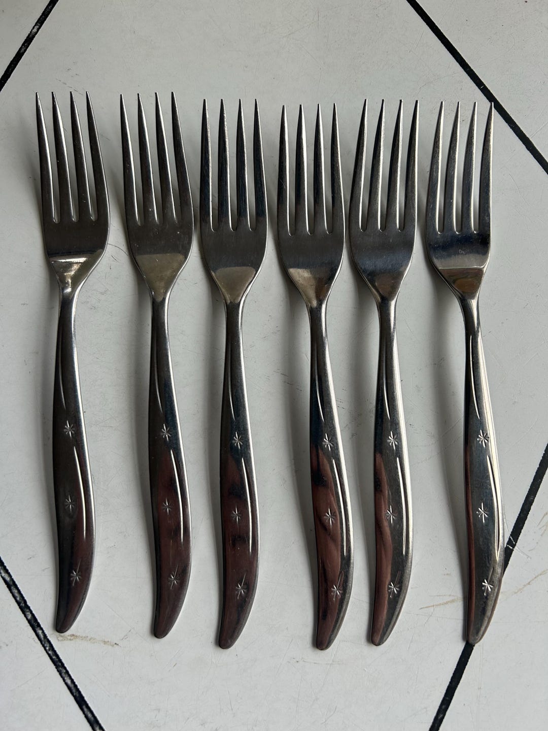 Set of Six Superior Stainless Steel Dinner Forks Atomic Starburst Mcm ...