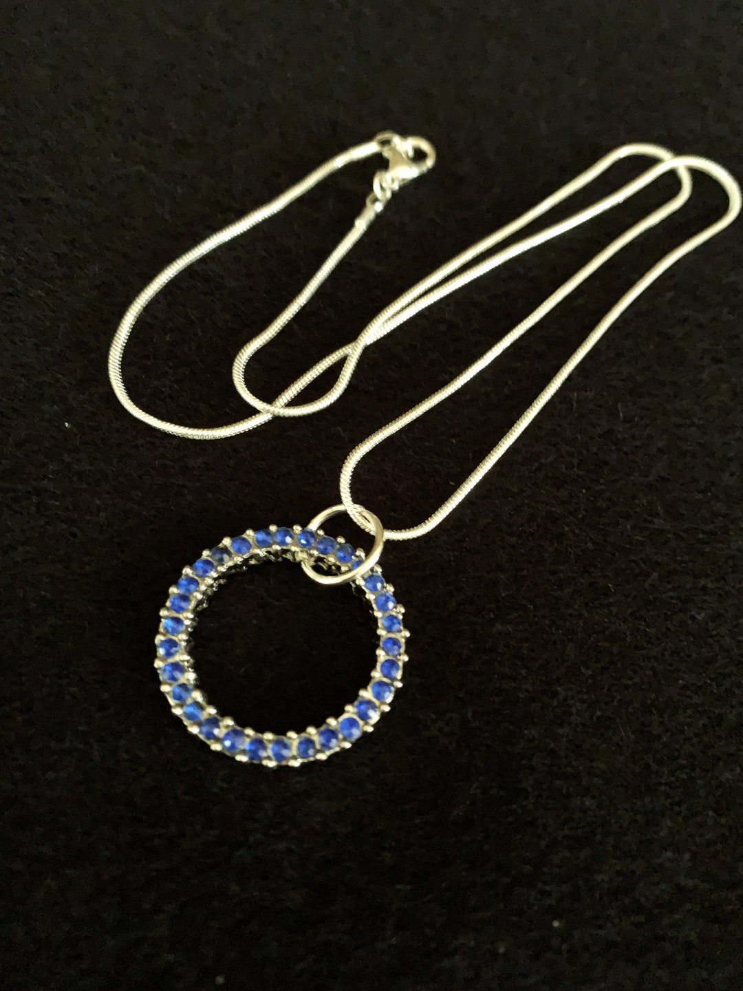 Vintage Sapphire Blue Rhinestone Circle on Silver Snake Chain Bright ...