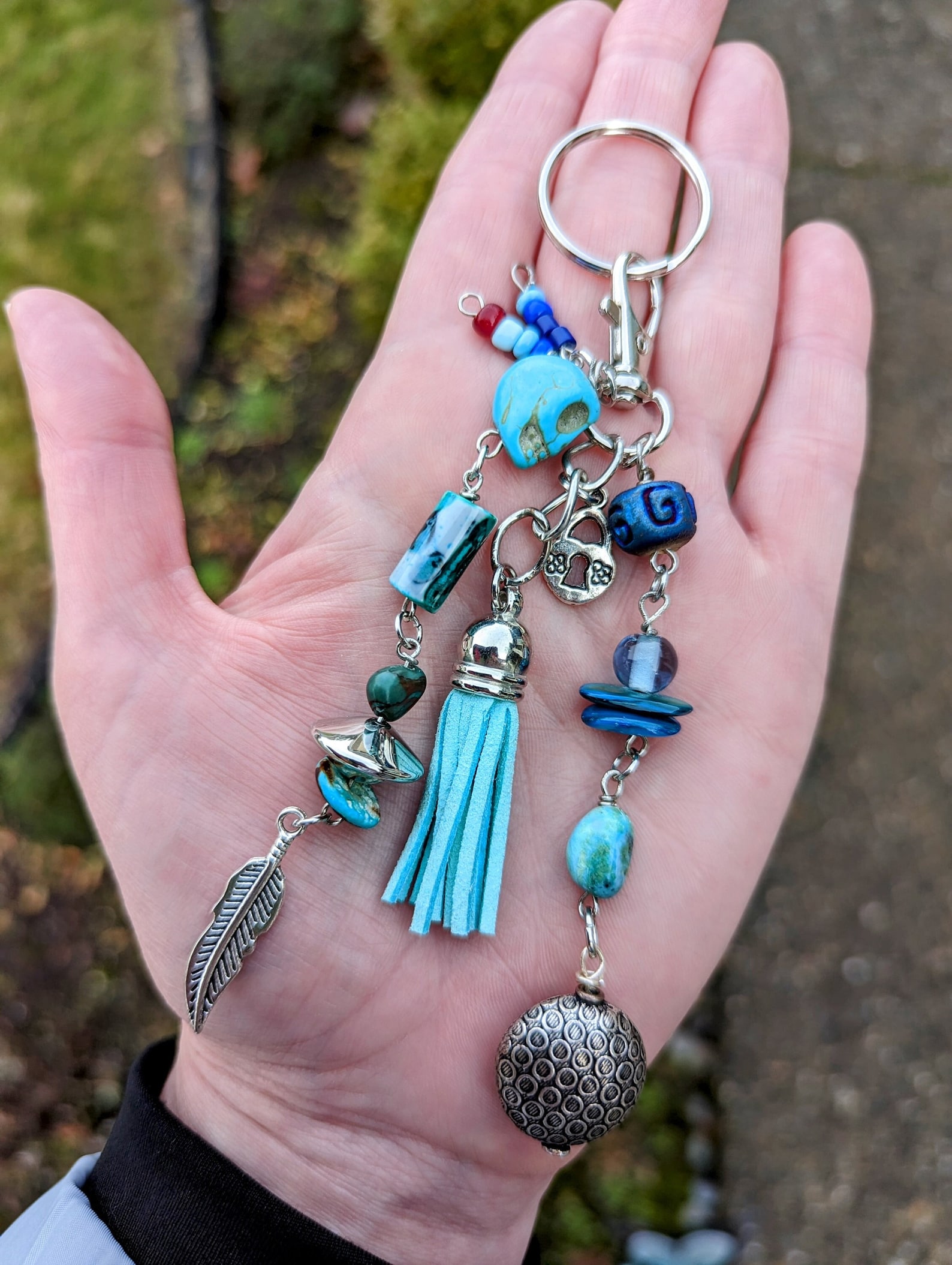Brilliant Blue Feather Bag Charm Turquoise Skull Accessory Feather ...