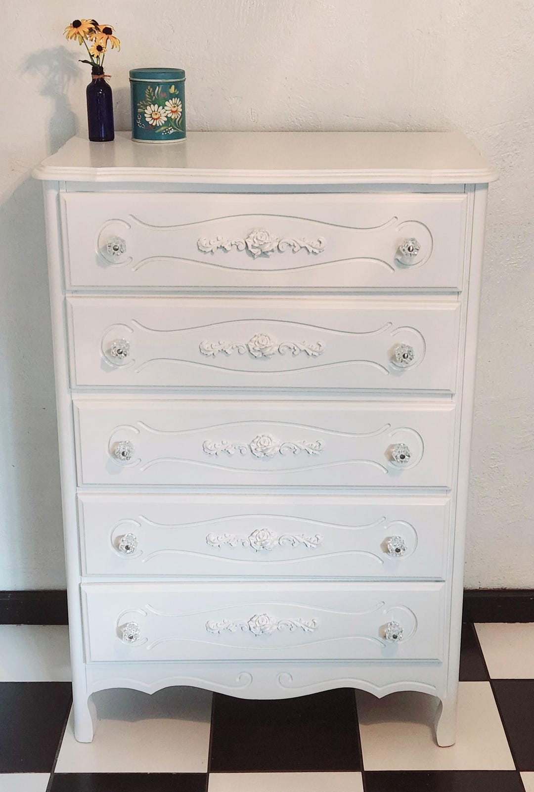 Vintage White French Provincial Highboy Dresser With Crystal Clear ...