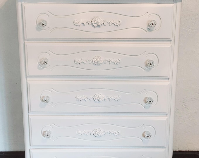 Vintage White French Provincial Highboy Dresser With Crystal Clear ...
