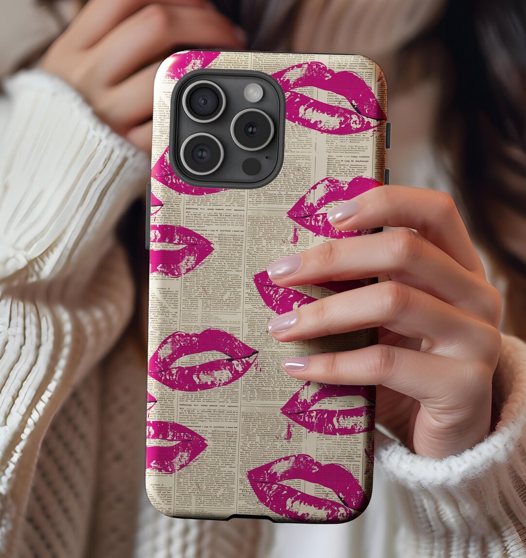 Kisses Phone Case, Pink Lip Print Cover, Lipstick Kisses Print Phone ...