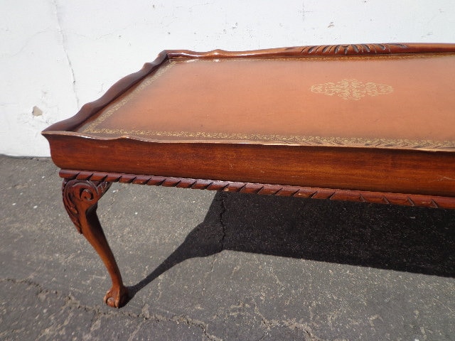 Antique Coffee Table Mahogany Wood Tooled Leather Top Side Accent ...