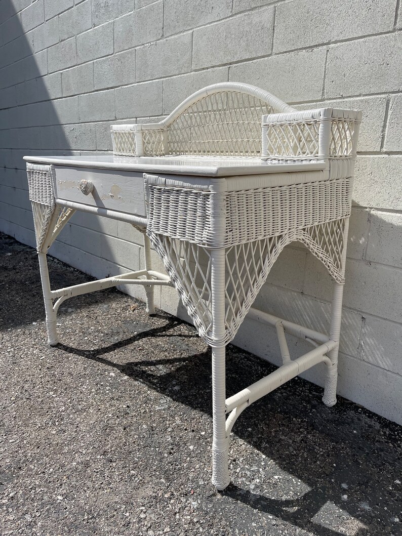 Vintage White Wicker Desk Writing Vanity Makeup Table Bedroom Storage ...