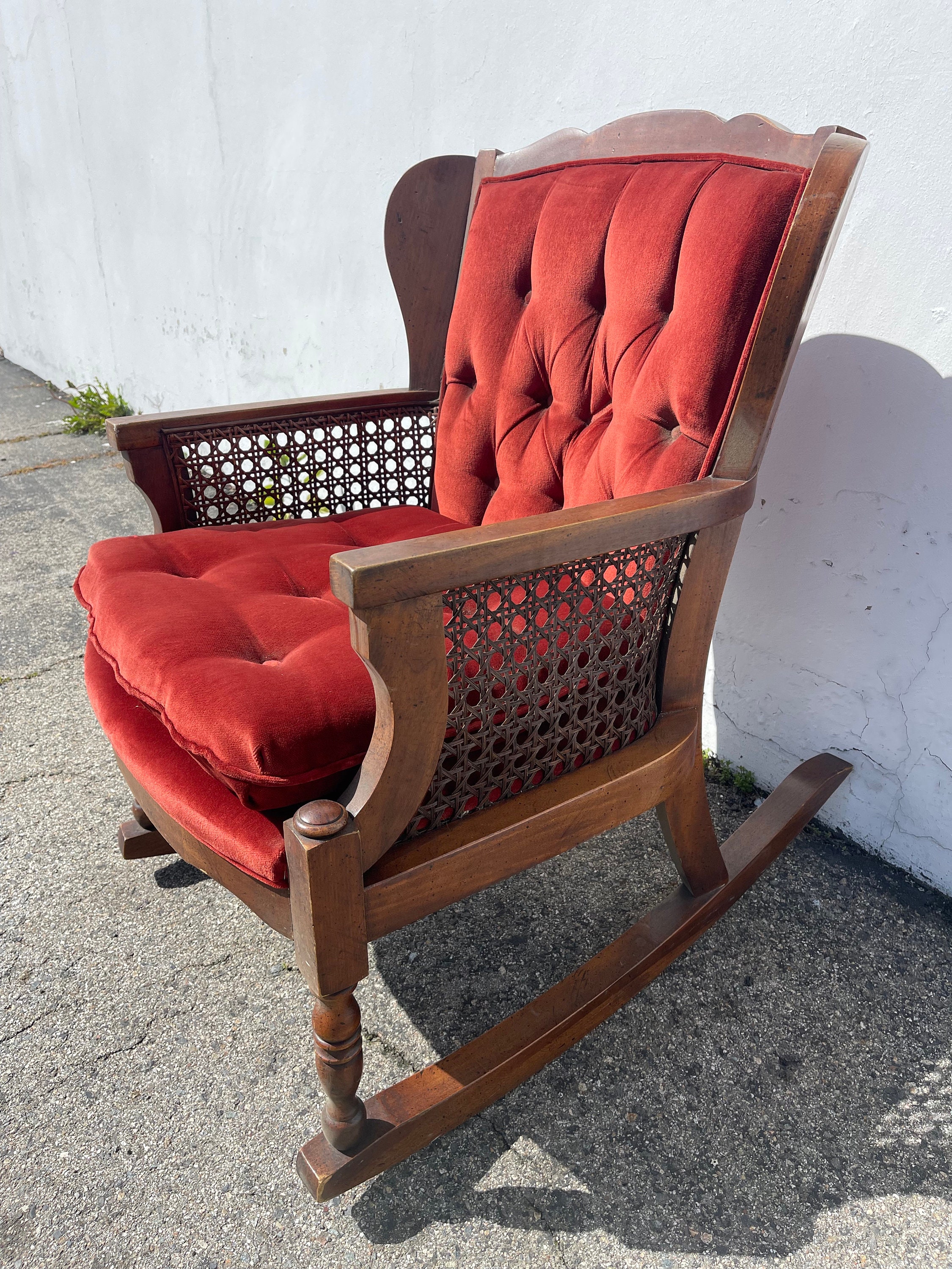 Antique Cane Rocking Chair Rocker Armchair Wood Tufted Back Upholstered ...