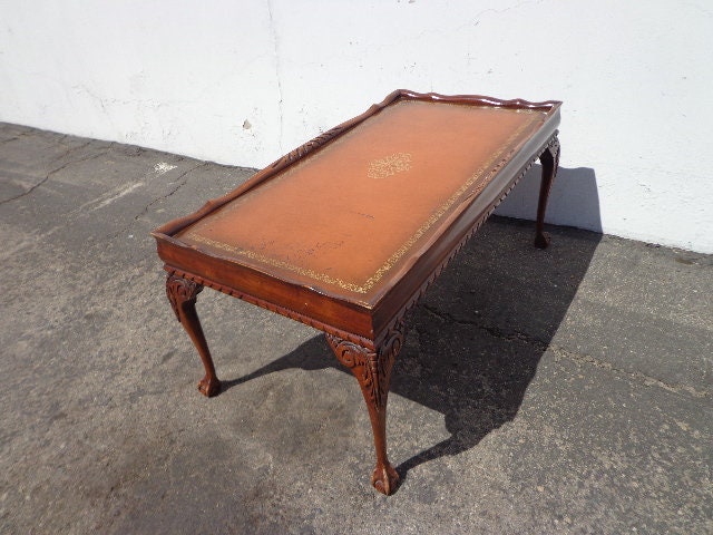 Antique Coffee Table Mahogany Wood Tooled Leather Top Side Accent ...