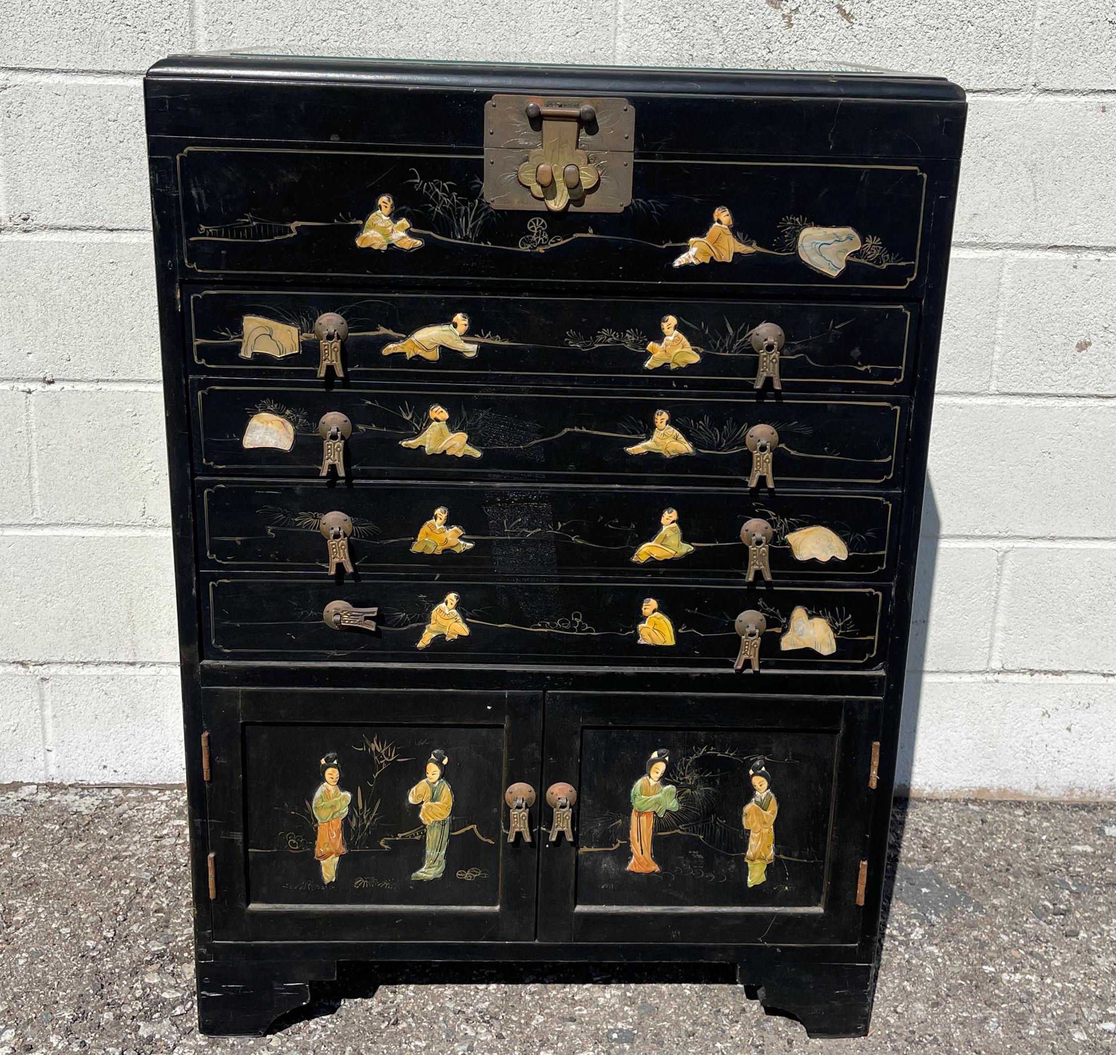 Antique Chinese Lacquered Chest Mother of Pearl Cabinet Storage Asian ...