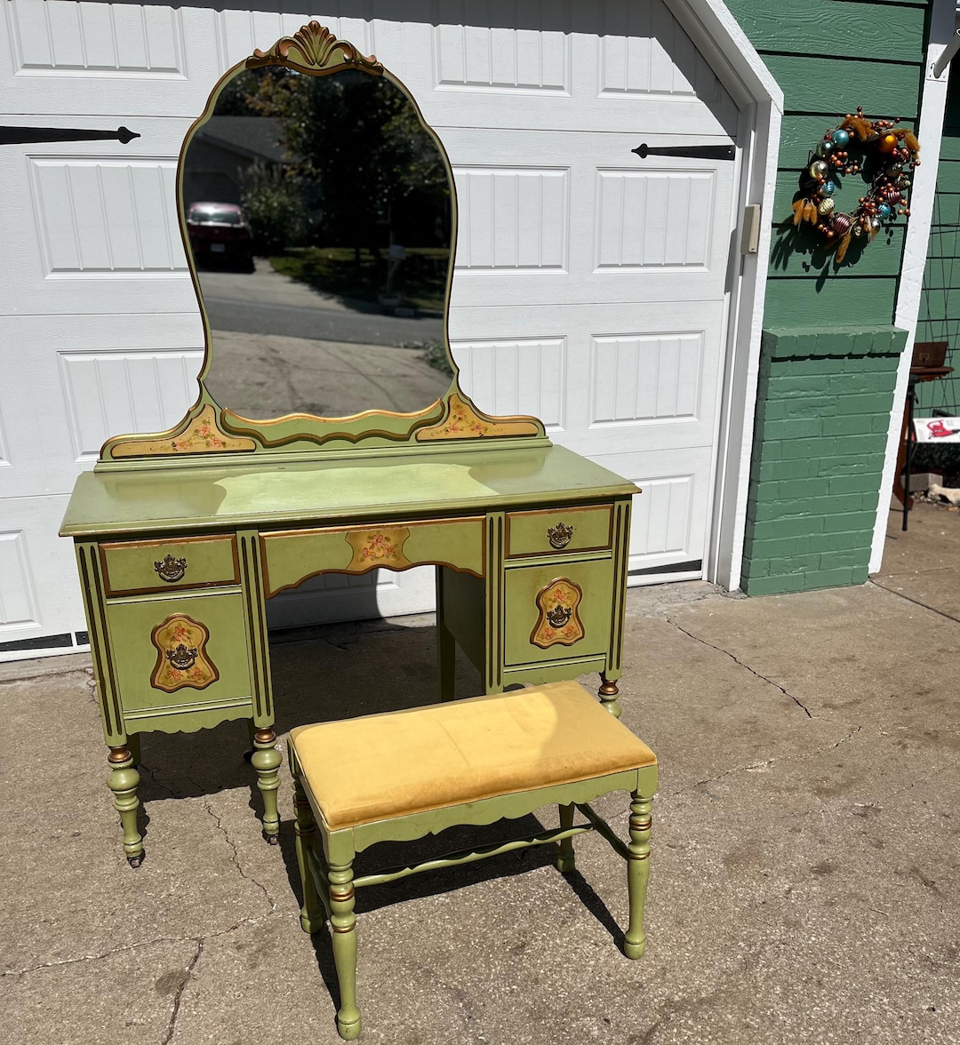 2pc Antique Vanity Desk and Bench Seat Mirror Makeup Table Country ...