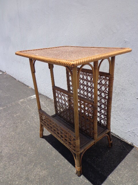 Table Rattan Cane Boho Chic Vintage Storage Stand Magazine Rack Entry ...