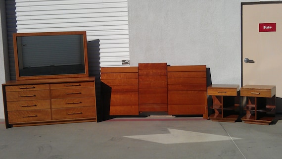 5PC Mid Centurymodern Bedroom Set by Renzo Rutili for Johnson Furniture Dresser Mirror Nightstands Headboard Vintage Storage Art Deco Design Etsy