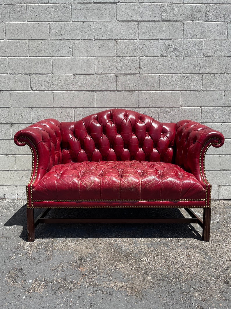 Leather Sofa Loveseat Settee Bench Camel Back Tufted Armchair ...