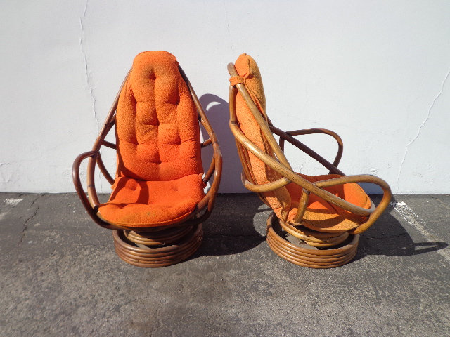 Pair of Chairs Rattan Swivel Rocker Rocking Chair Vintage Bohemian Boho Chic Beach Armchair Bentwood Faux Bamboo Furniture Accent Seating