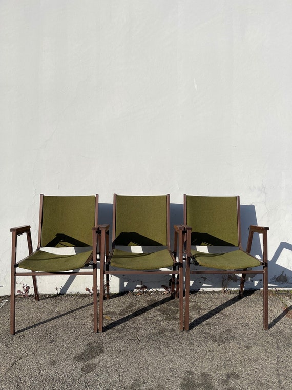 3pc Chairs Vintage Armchairs Antique Waiting Room Theater Stadium Seats Row Mid Century Modern Entry Way Seating Bench Metal Wood