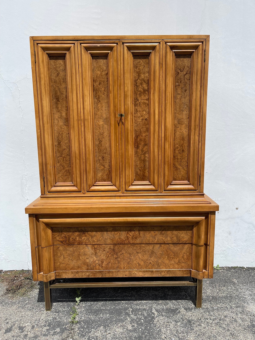 Mid Century Modern Armoire Dresser JL Metz Contempora Burl Wood Brass ...