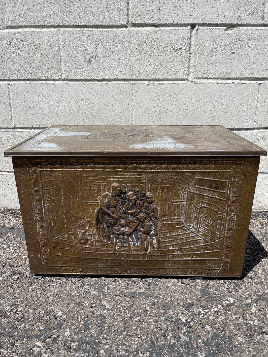 Antique Trunk Firewood Box Brass Clad Embossed Vintage Storage Rustic ...