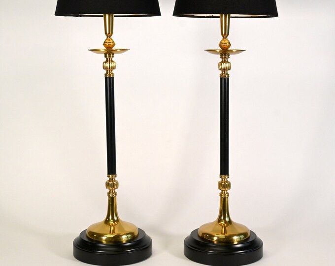 PAIR of Cordless Buffet Lamps - Cast Brass and Black Candlestick Style ...