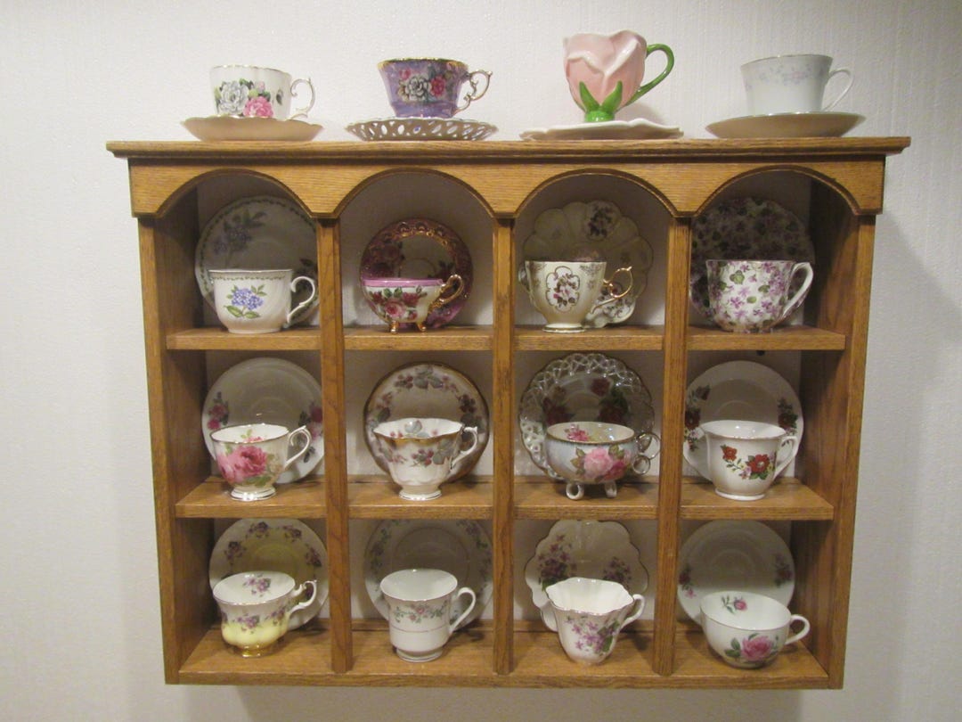 Large Oak Tea Cup and Saucer Wall or Table Top Shelf With Plate Grooves ...