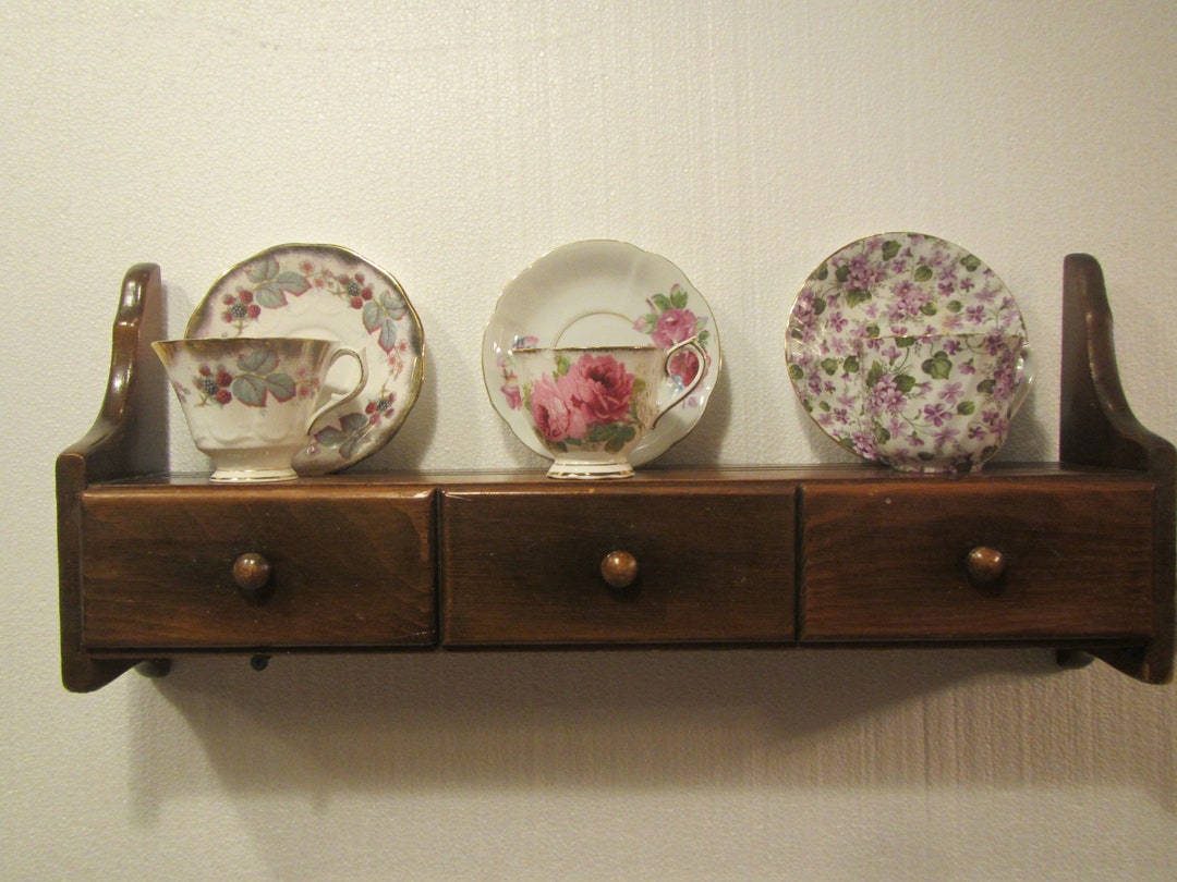 Wood Wall Shelf With 3 Drawers and Plate Grooves , Plate Shelf , Wood ...