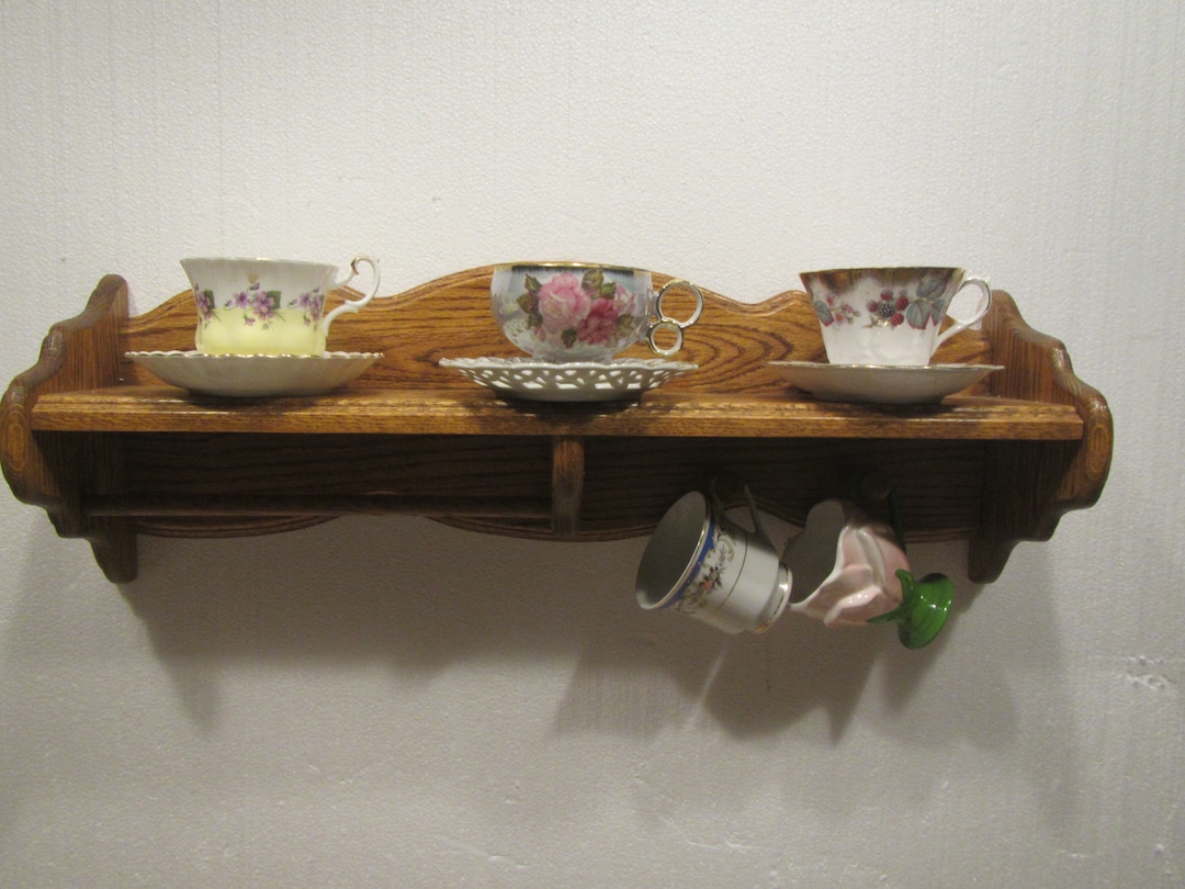 Oak Wall Shelf With Heart Cut Out, 2 Pegs and Bar, Cup and Saucer Shelf ...