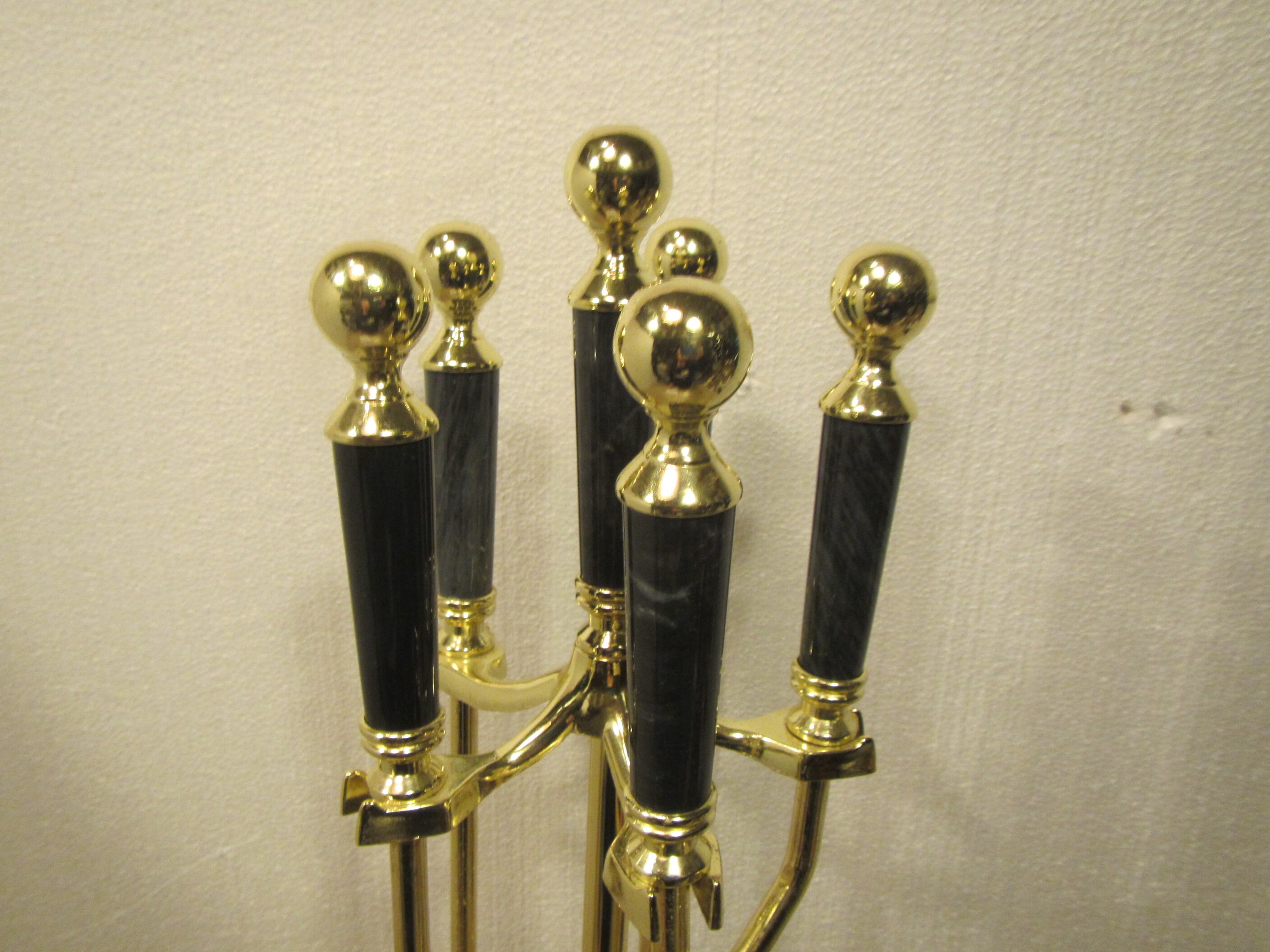 Brass and Marble FIREPLACE TOOL SET; Brass Plated Shovel, Brush, Tongs ...