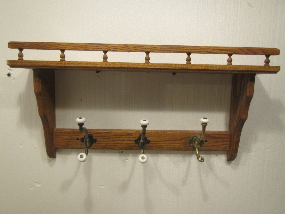3 Hook Oak Coat Rack With Shelf , 3 Brass Coat Hooks , Plate Rail ...