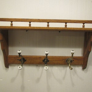 3 Hook Oak Coat Rack With Shelf , 3 Brass Coat Hooks , Plate Rail ...