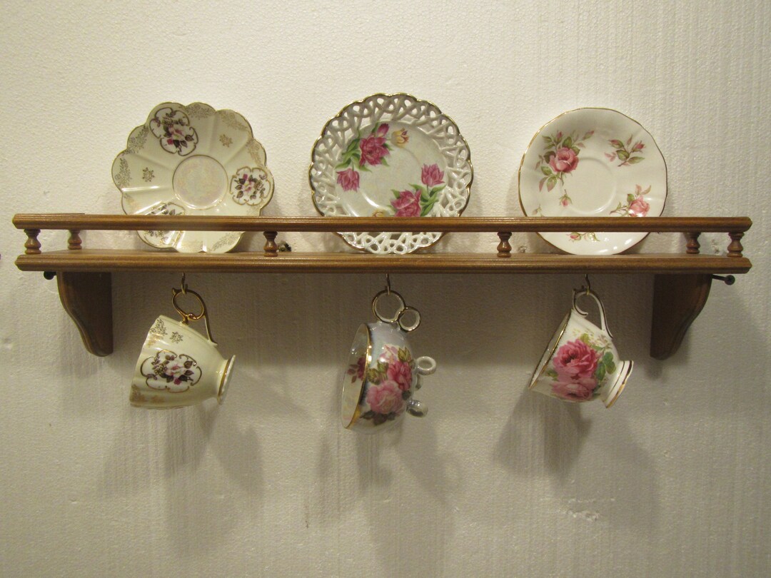 24 Wood Wall Shelf, Groove and Plate Rail, Brass Cup Hooks, Cup ...