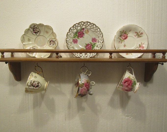 24 Wood Wall Shelf, Groove and Plate Rail, Brass Cup Hooks, Cup ...