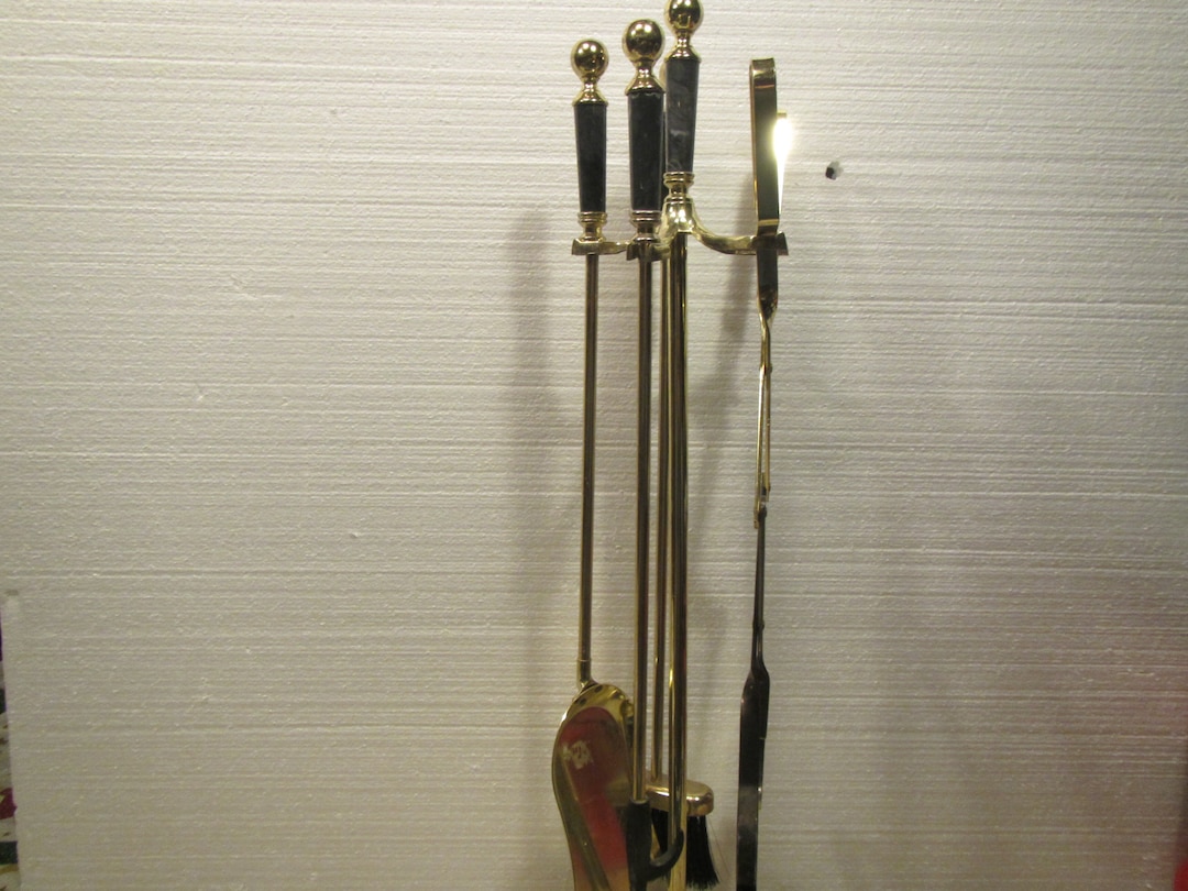 Brass and Marble FIREPLACE TOOL SET; Brass Plated Shovel, Brush, Tongs ...