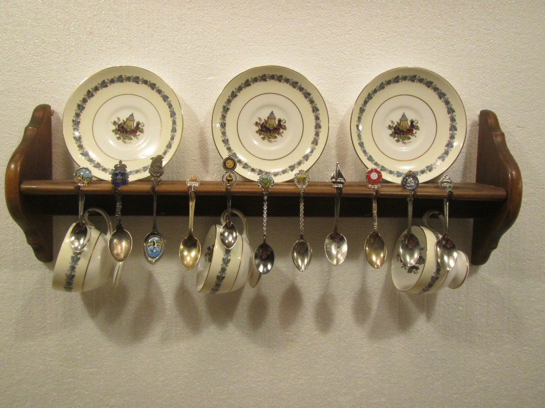 Vintage Wood 11 Spoon Shelf , Cup and Saucer Shelf With 2 Plate Grooves ...