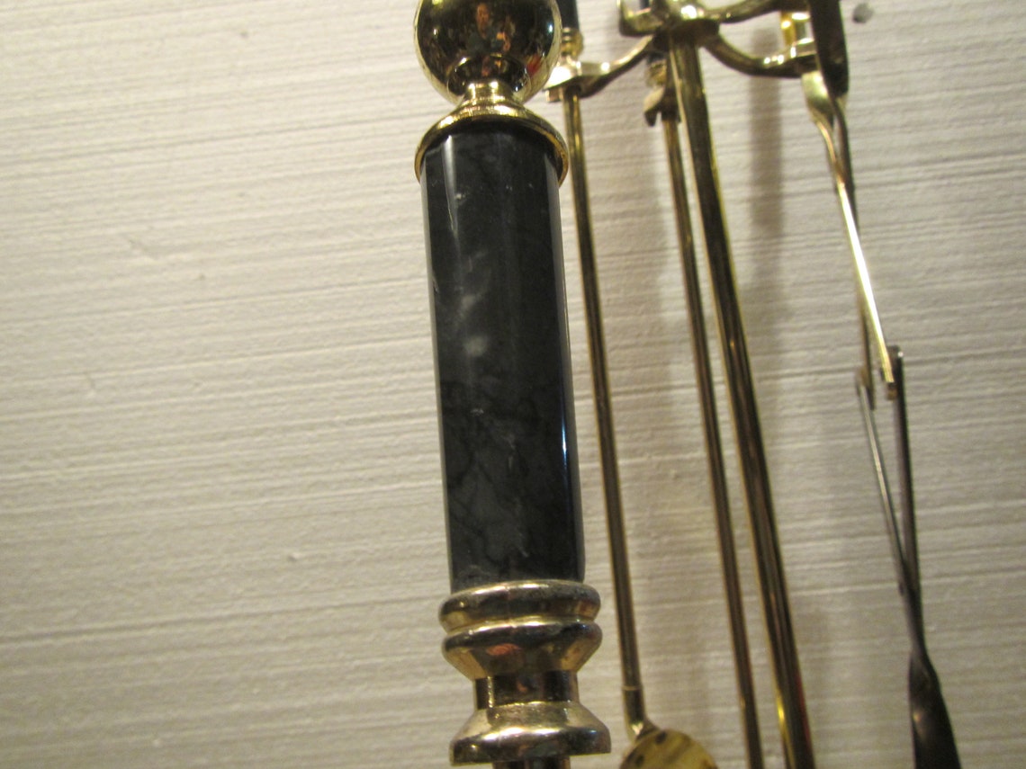 Brass and Marble FIREPLACE TOOL SET; Brass Plated Shovel, Brush, Tongs ...