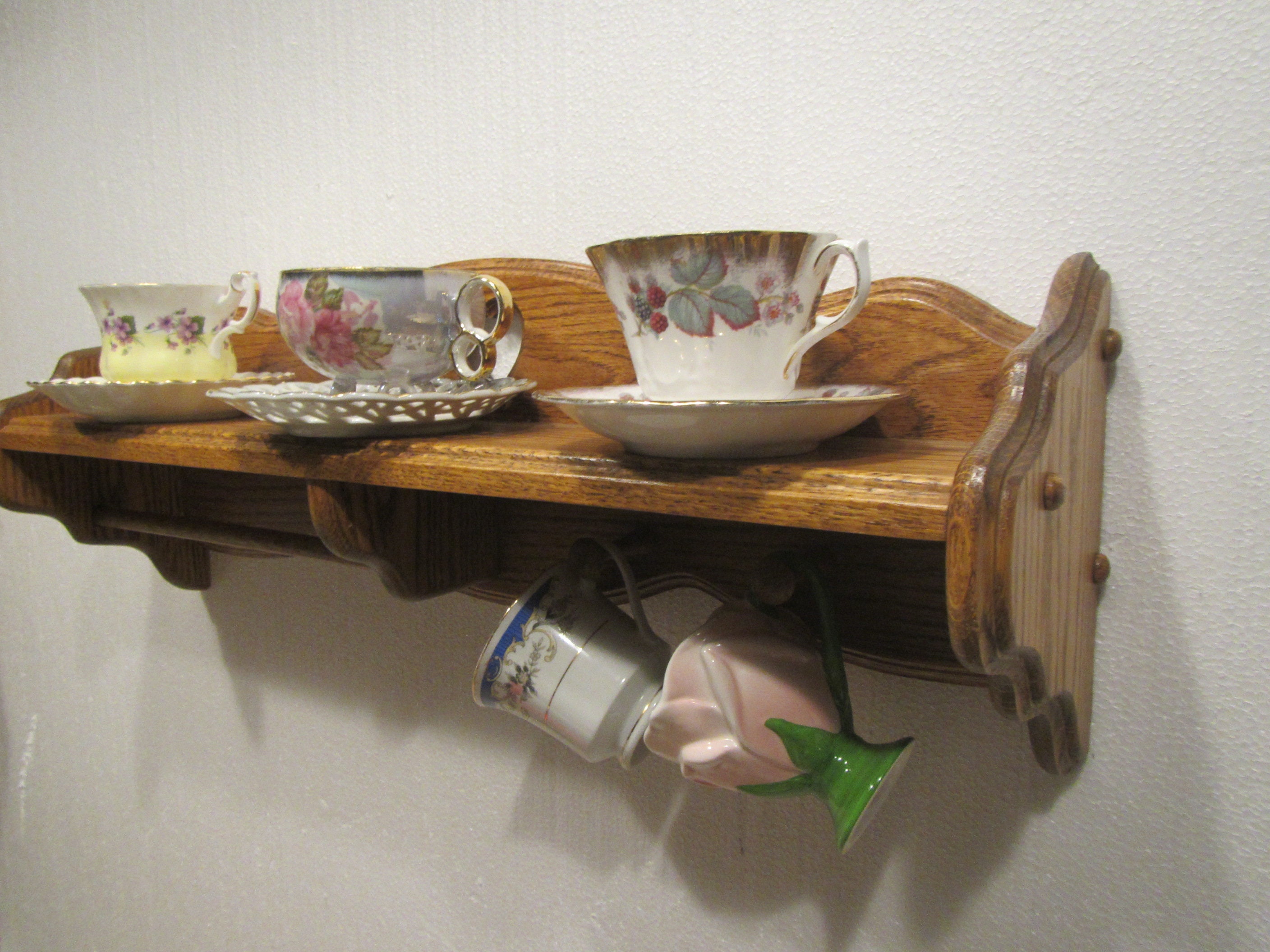 Oak Wall Shelf With Heart Cut Out, 2 Pegs and Bar, Cup and Saucer Shelf ...