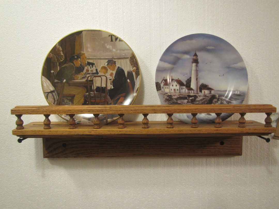 20 Inch Oak Wall Shelf With Groove and Plate Rail, Wood Shelf, Plate ...