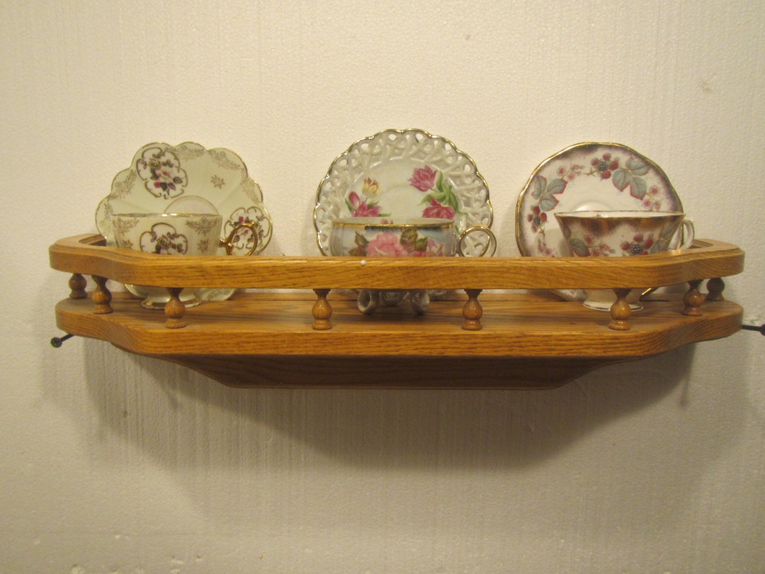 22 Inch Oak Wall Shelf With Plate Groove & Rail, Cup and Saucer Shelf ...