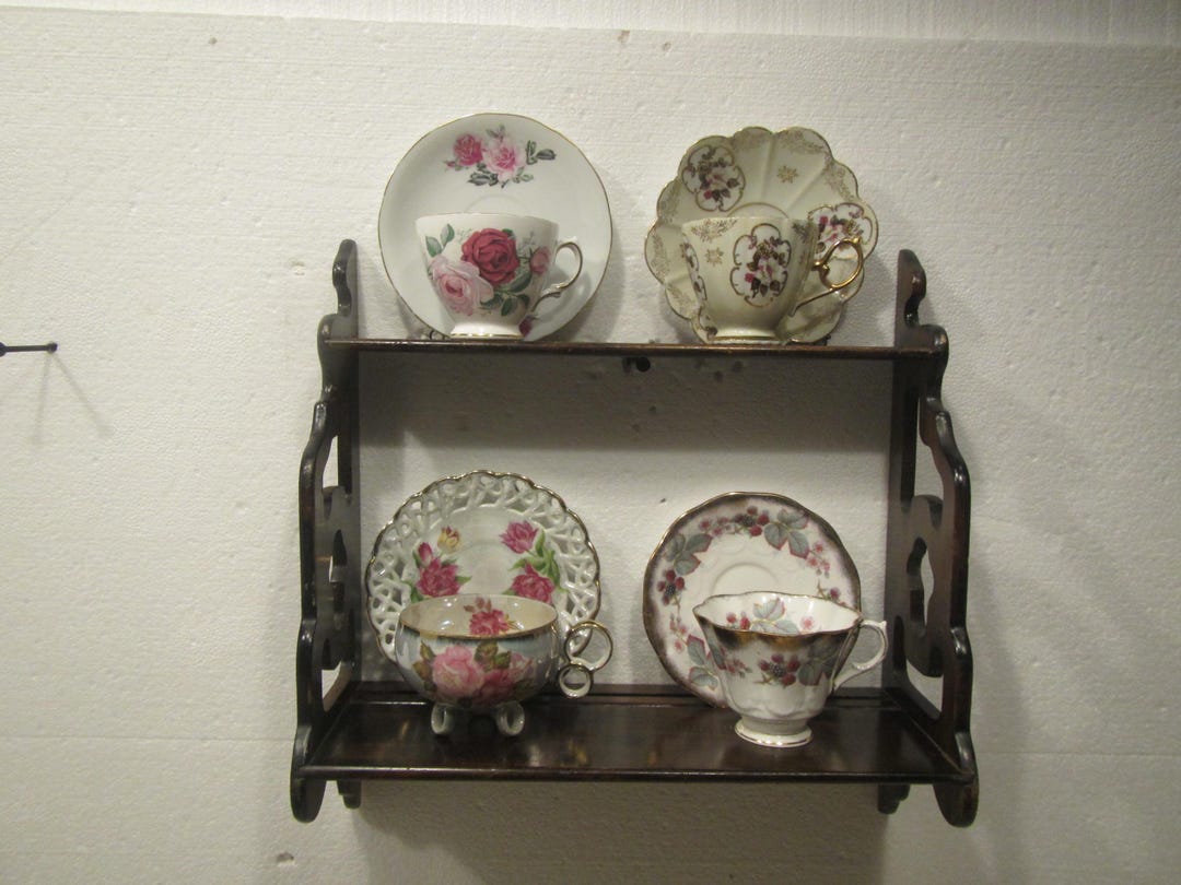 Wood Tea Cup and Saucer Shelf With Scroll Work Sides , 2 Tier Display ...