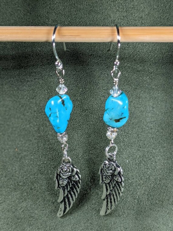 E044 Turquoise Nugget Crystal & Angel Wing Earrings | Etsy