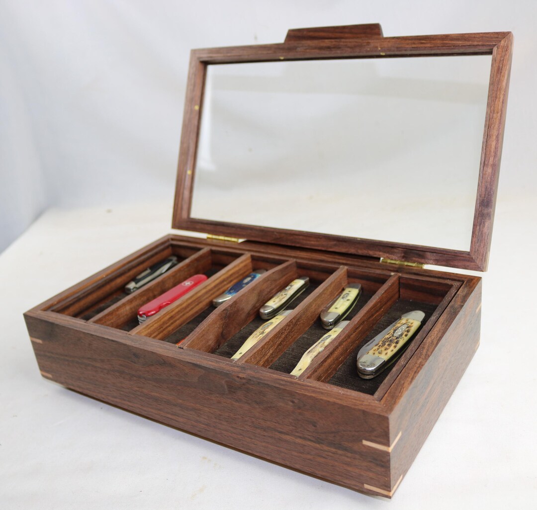 Knife Display Case With a Glass Top Removeable Tray 12 Sections Walnut ...