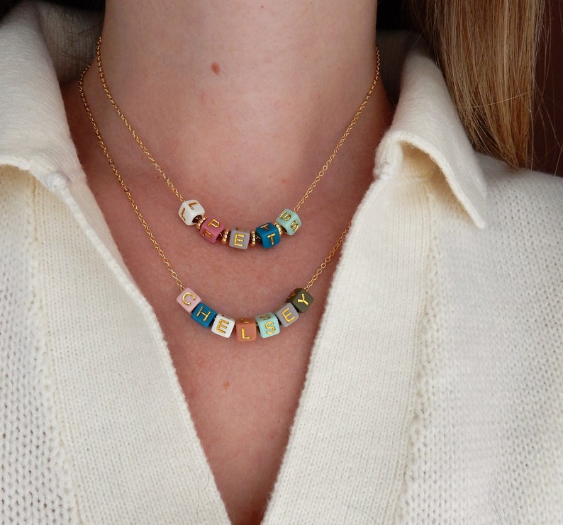 Gold Colour Beaded Word Necklace Custom Name Initial - Etsy