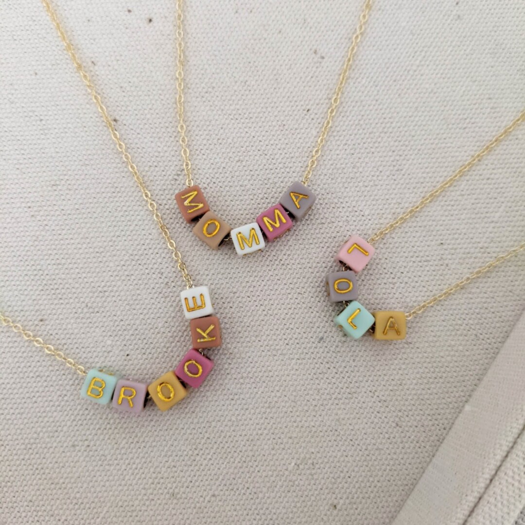 Gold Colour Beaded Word Necklace Custom Name Initial Necklace ...
