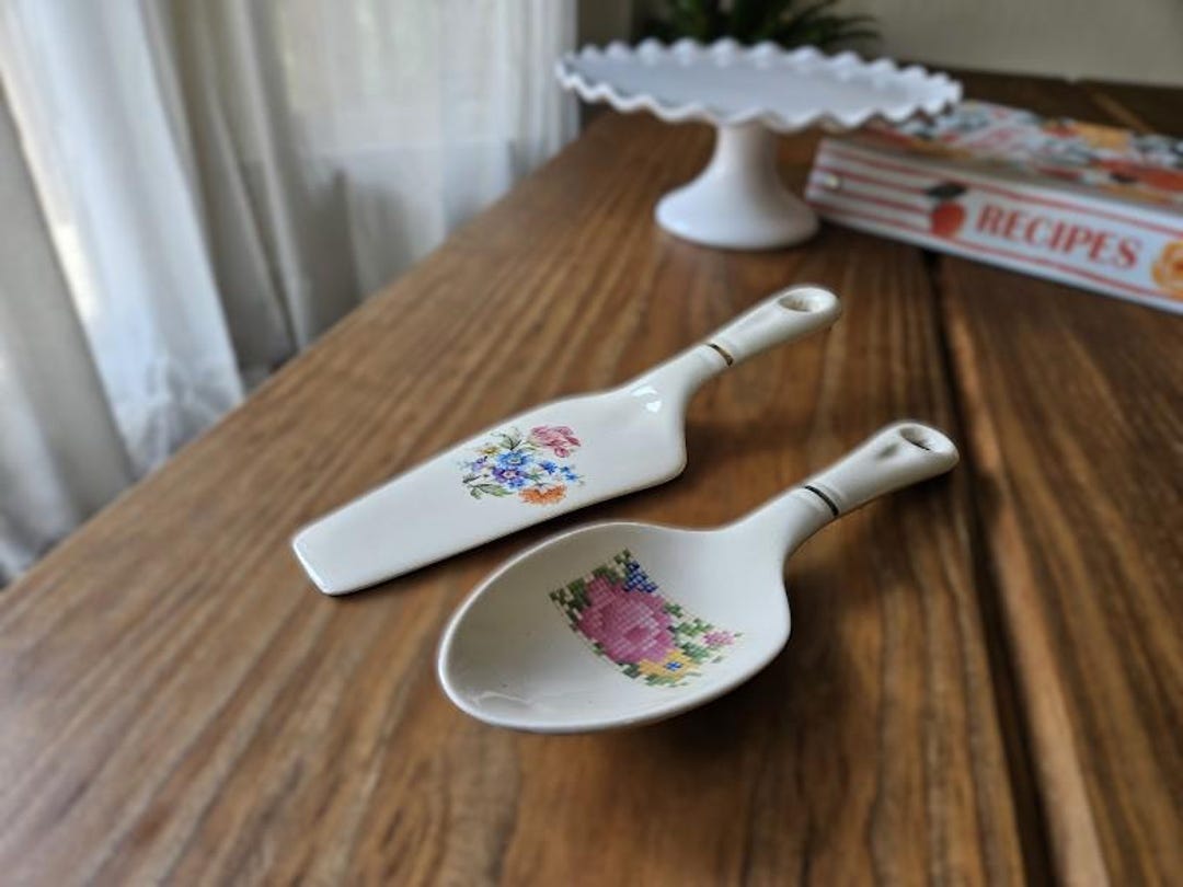 Vintage Ceramic Cake Server & Spoon Set - Floral Design - Perfect ...