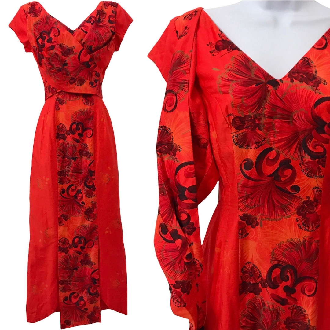 Vintage 1950’s 1960’s Hawaiian Togs Tiki Dress With Red Kimono Obi Belt ...