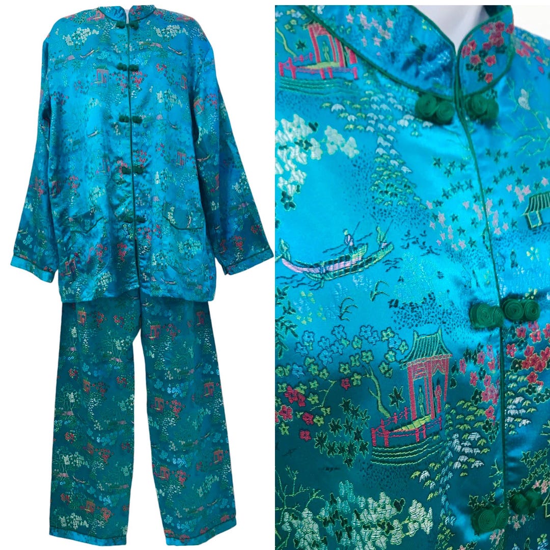 Vintage Plus Size Rayon Brocade Chinoiserie Chinese Pajamas Lounger ...