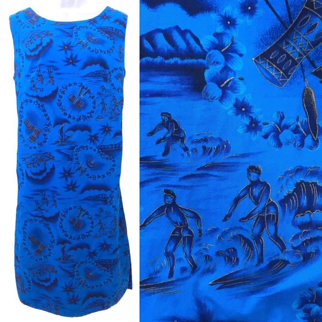 Vintage 1950s 1960s Hawaiian Hula Surfer Wave Map Novelty Print Shift ...