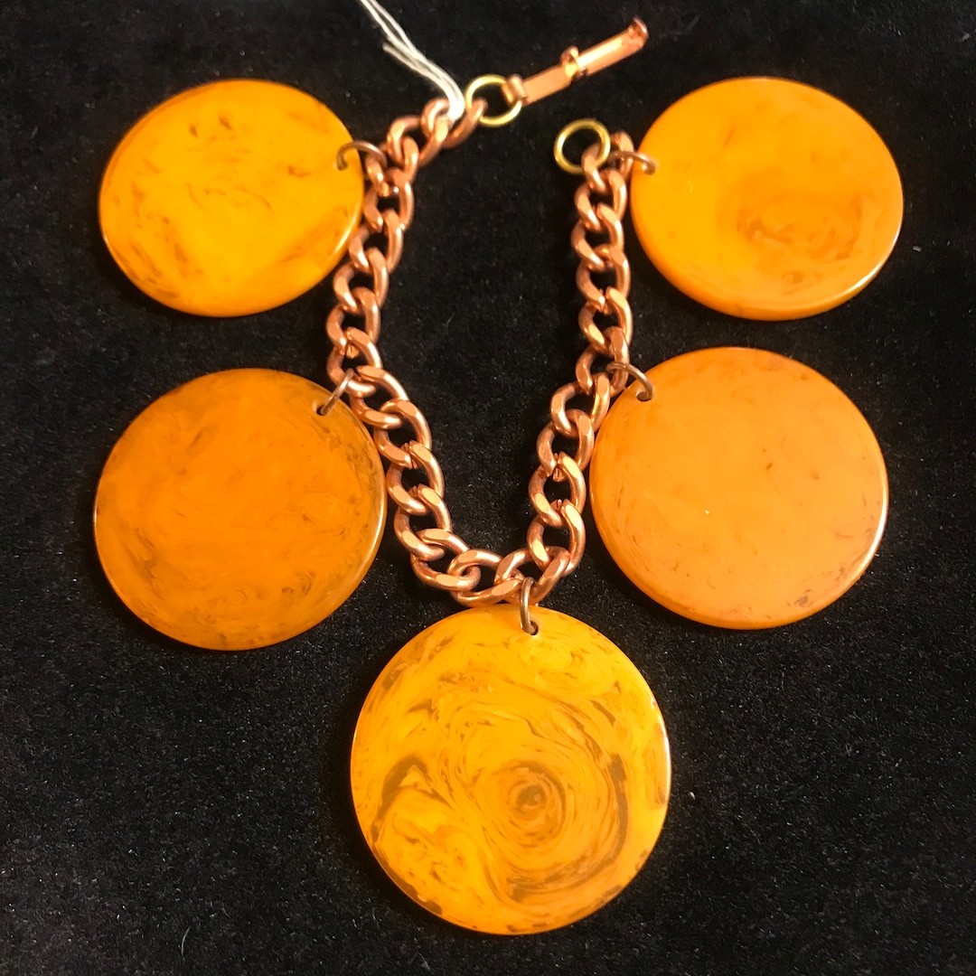Vintage 1930's 1940’s Bakelite Catalin Charm Bracelet Disk Cha Cha ...