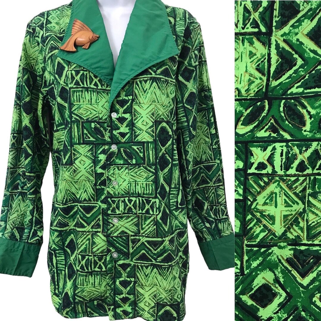 Vintage Tiki Hawaiian 1960’s Green Tapa Print Dinner Shacket - Like ...