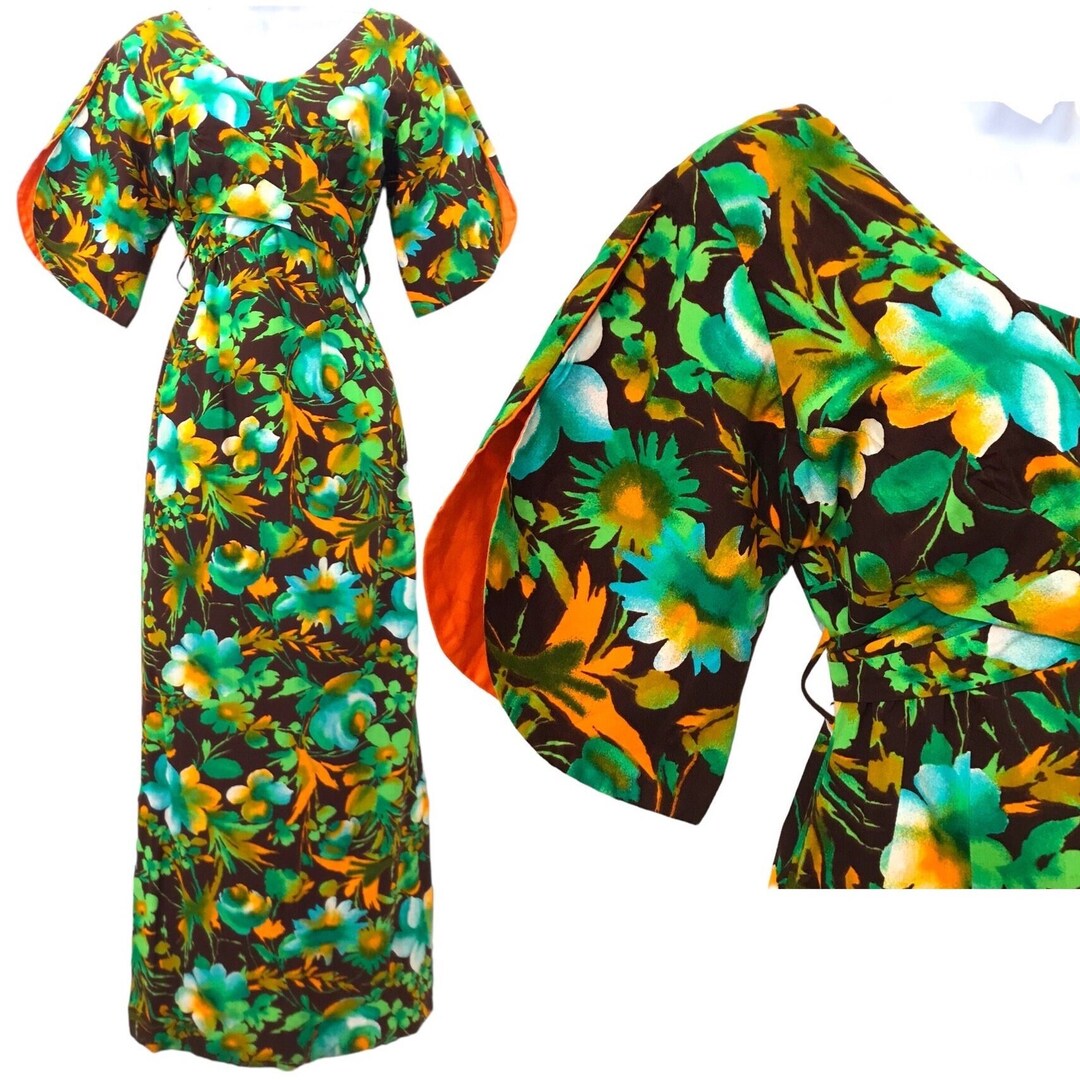 Vintage Psychedelic Hawaiian Kimono Inspired Bell Sleeve Tiki Maxi Wrap ...