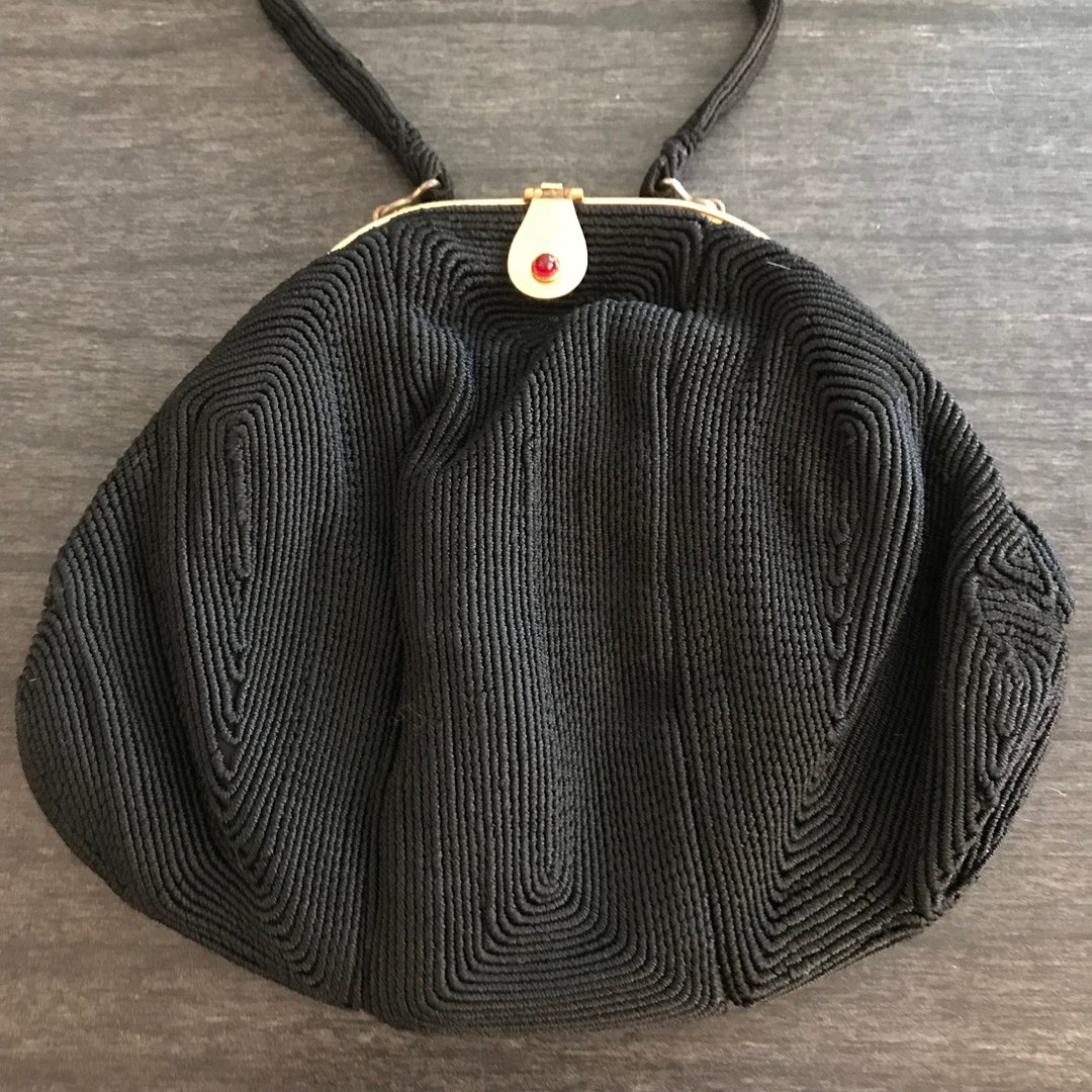 Vintage Rayon Knit Black Corde 1930’s 1940’s Purse Top Handle Clutch ...