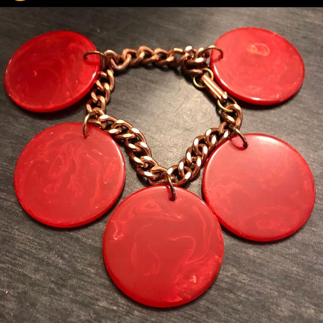 Vintage 1930's 1940’s Bakelite Catalin Charm Bracelet Disk Cha Cha ...