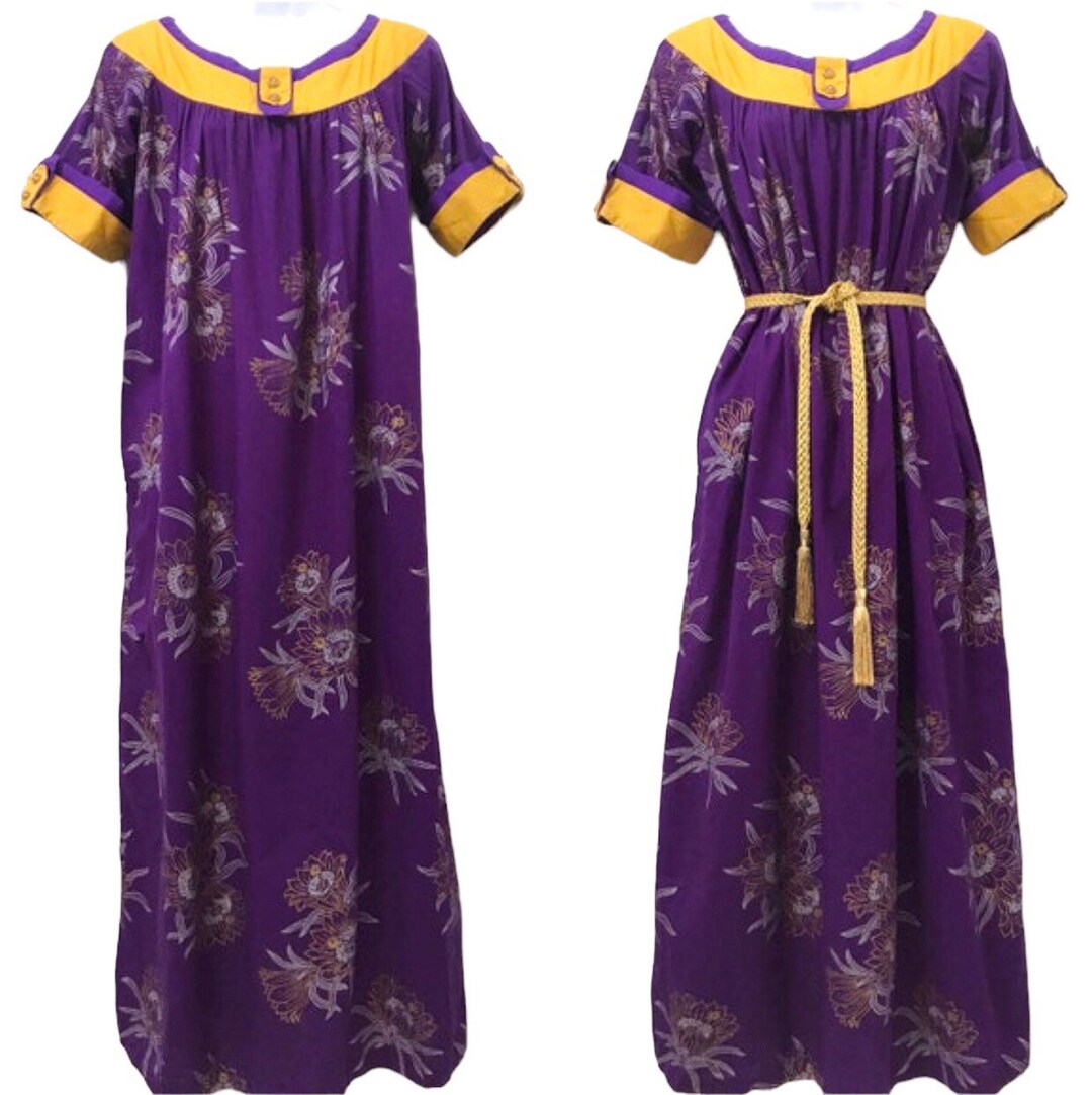 Vintage 1950s Tiki Hawaiian Mumu Hostess Dress Purple Yellow Luau Aloha ...